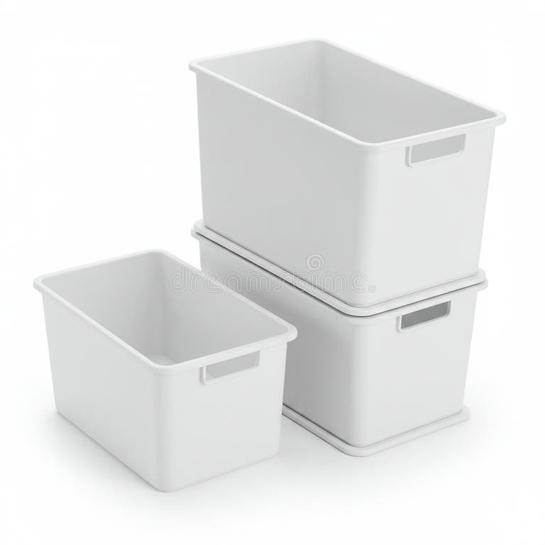 Three Stackable White Storage Bins with Rectangular Shapes and ...