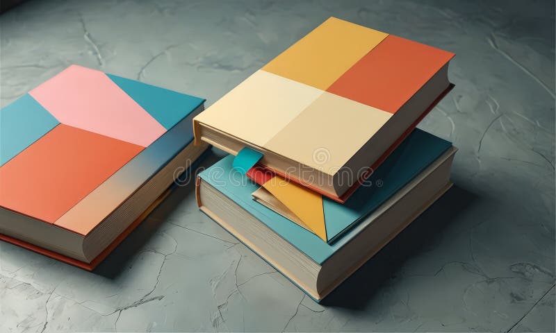 Three Stacked Books with Colorful Covers are Arranged on Gray Surface ...