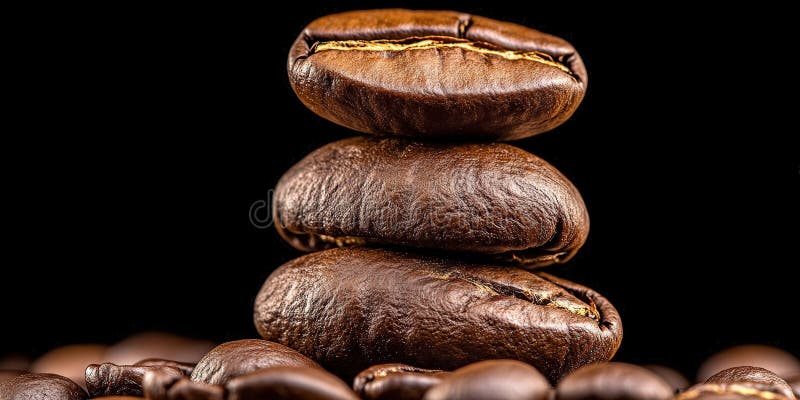 Three Stacked Coffee Beans on a Dark Background with Coffee Grounds ...
