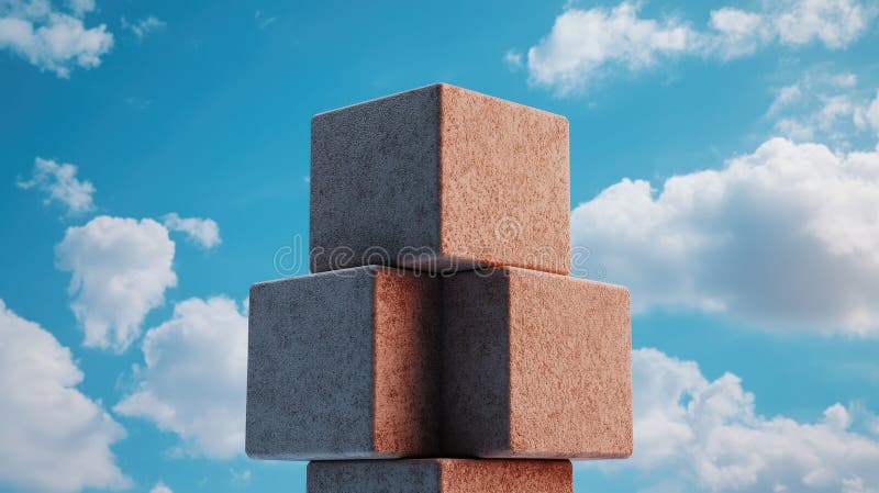 Three Stacked Concrete Blocks Against a Vibrant Blue Sky with Fluffy ...