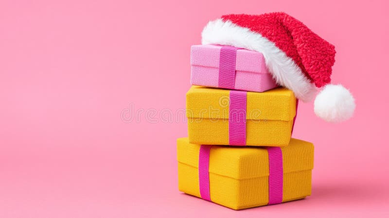 Three Stacked Gift Boxes Topped with a Red and White Santa Hat on a ...