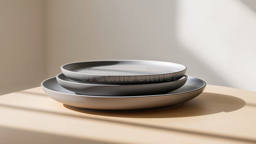 Three Stacked Gray Ceramic Plates on a Beige Table Stock Photo - Image ...