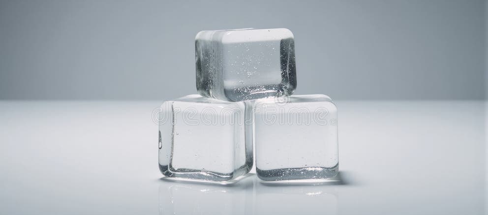 Three Stacked Ice Cubes Glistening on a Reflective Surface Against a ...