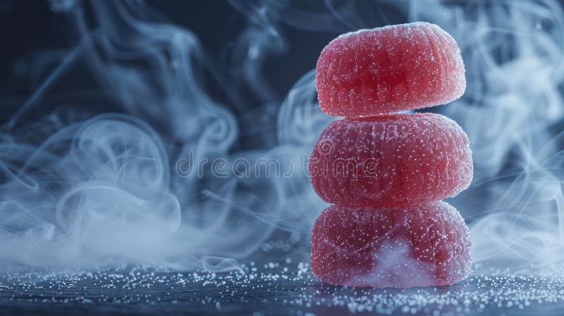Stack of Three Delicious Red Jelly Candies, Sugar Coated, on a Dark ...