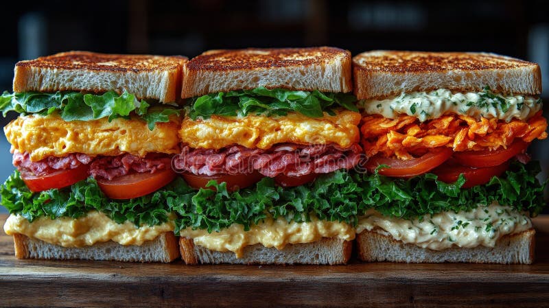 Three Stacked Sandwiches, Varied Fillings, Toasted Bread Stock ...