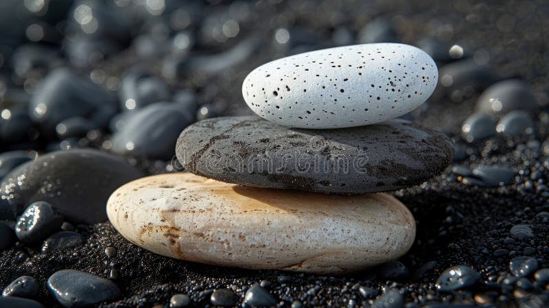 Three Stacked Stones on Black Sand Stock Photo - Image of balanced ...