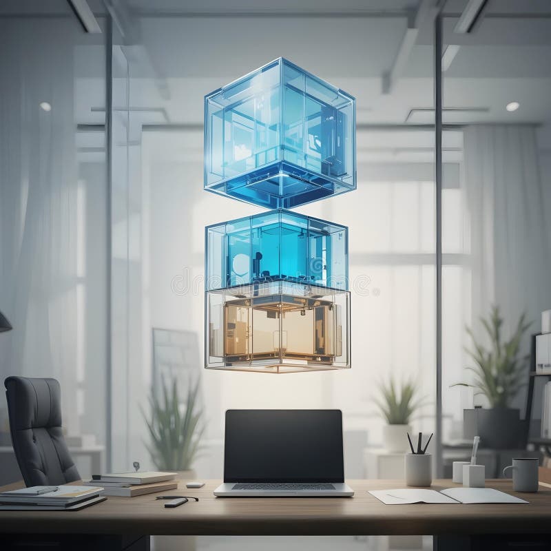Three Stacked, Transparent Blue and Gold Cubes Float Above a Modern ...