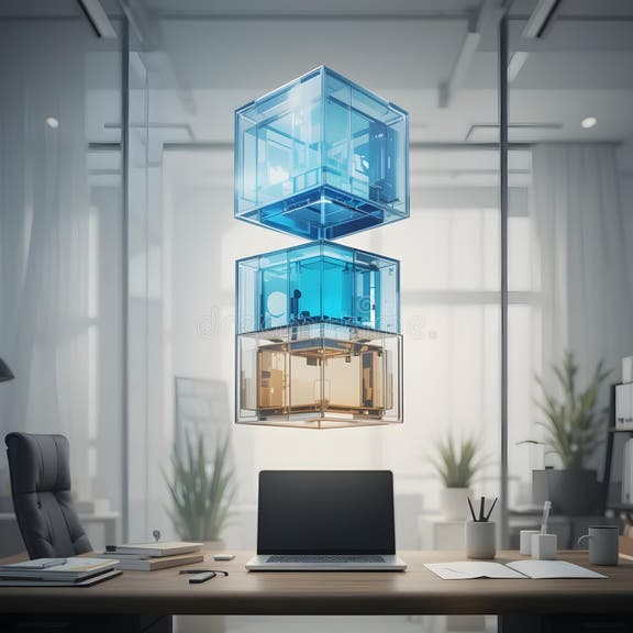 Three Stacked, Transparent Blue and Gold Cubes Float Above a Modern ...