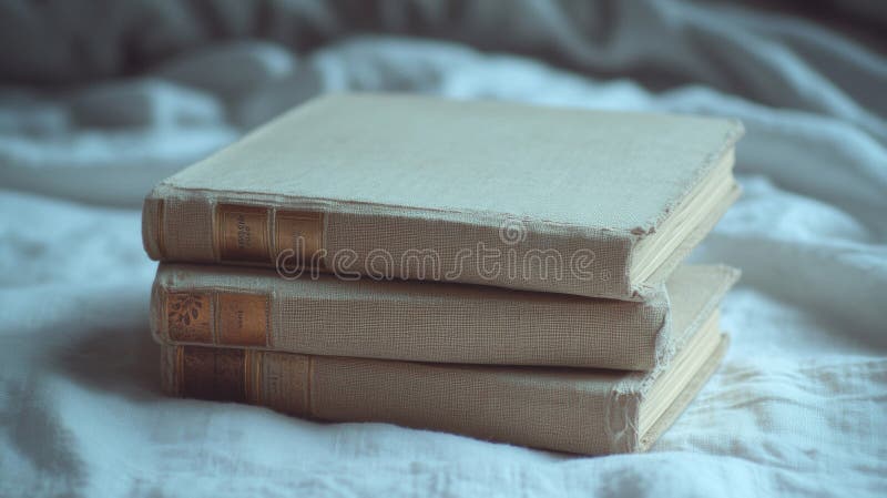 Three Stacked Vintage Books with Gold Detailing on White Linen Surface ...