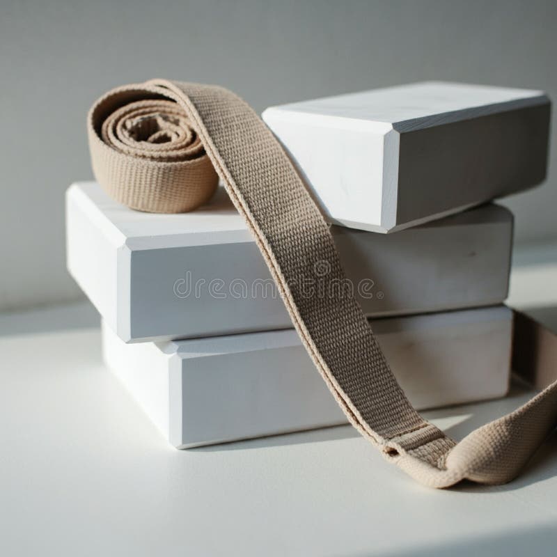 Three Stacked White Yoga Blocks and a Rolled Beige Yoga Strap are ...