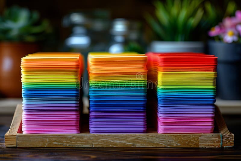 Three Stacks of Rainbow Colored Cards on Wooden Tabletop Stock Photo ...