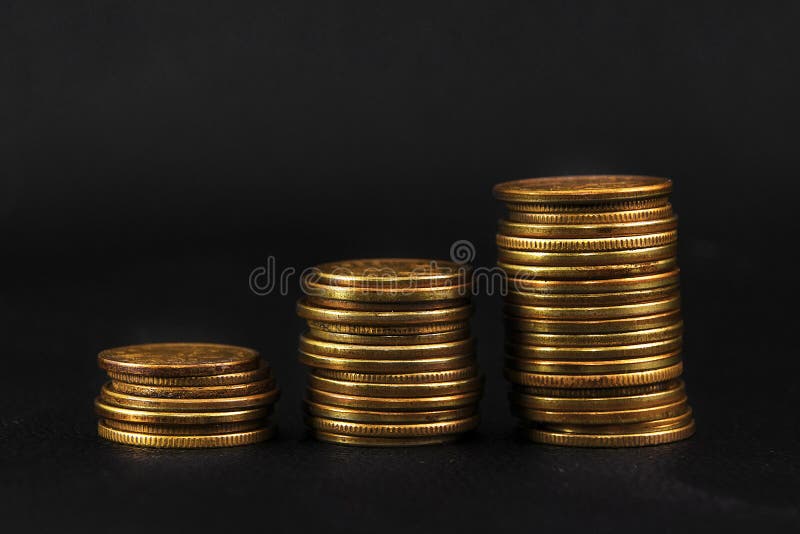 Three Stacks of Coins on Black Leather Stock Image - Image of market ...