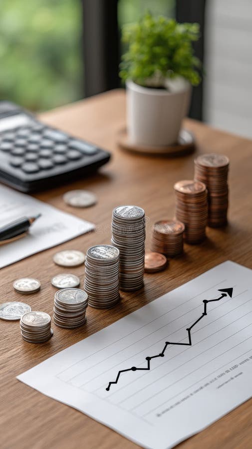 Three Stacks of Coins Indicate Financial Growth, Featuring an Upward ...
