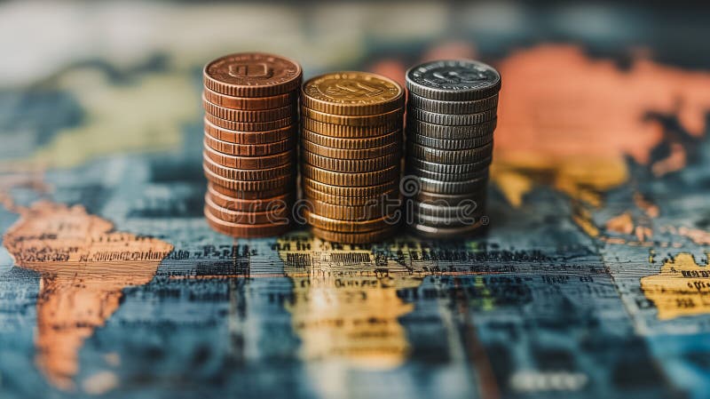 Three Stacks of Coins are on a Map of the World. the Coins are of ...