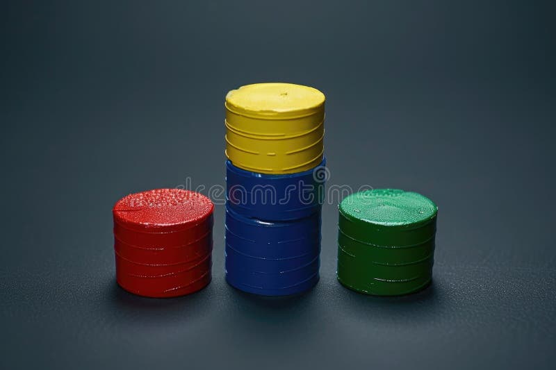 Three Stacks of Colored Cylinders Stand on a Dark Gray Surface, the ...