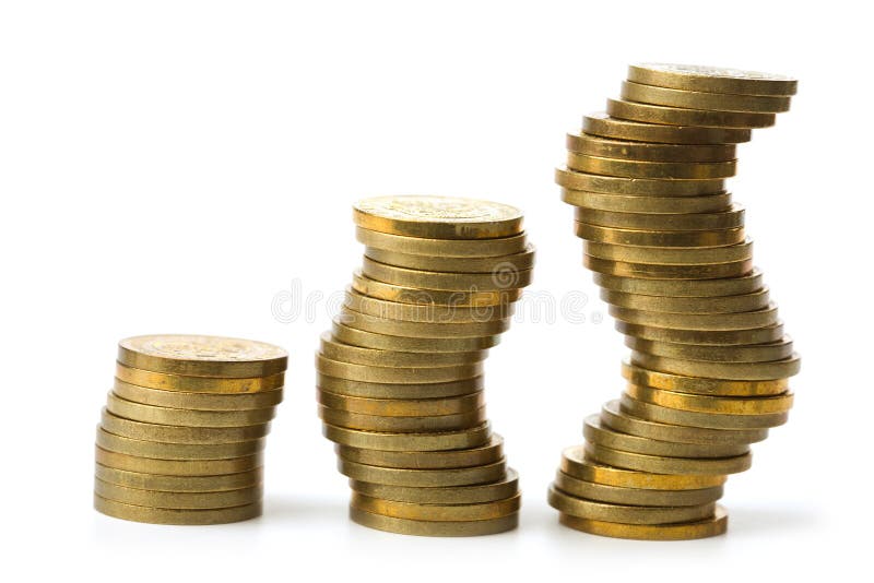 Three Stacks of Golden Coins Isolated Stock Photo - Image of buying ...
