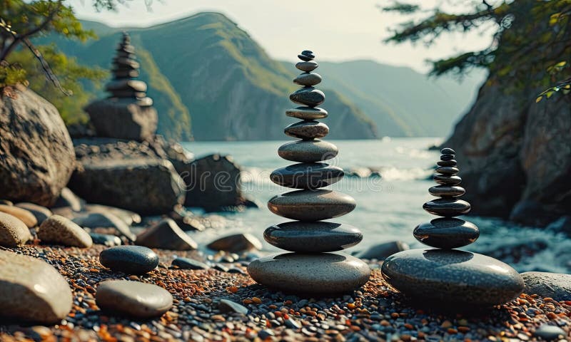 Three Stacks of Rocks are on the Beach, with the Middle Stack Being the ...