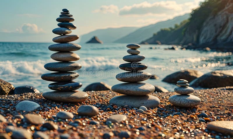 Three Stacks of Rocks are on the Beach, with the Middle Stack Being the ...