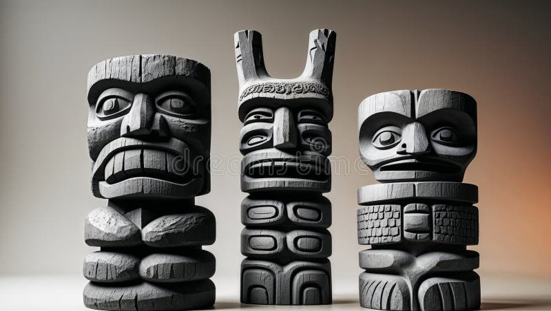 Three Stacks of Varied Totem Carvings Display Ancient Cultural ...