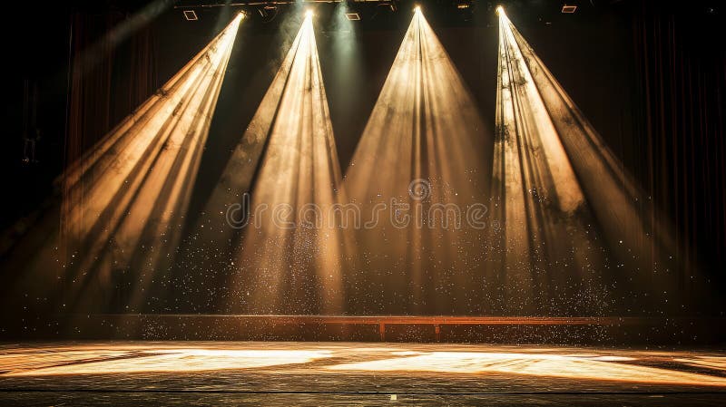 Three Stage Spotlights Illuminate an Empty Stage with Light Dust Motes ...