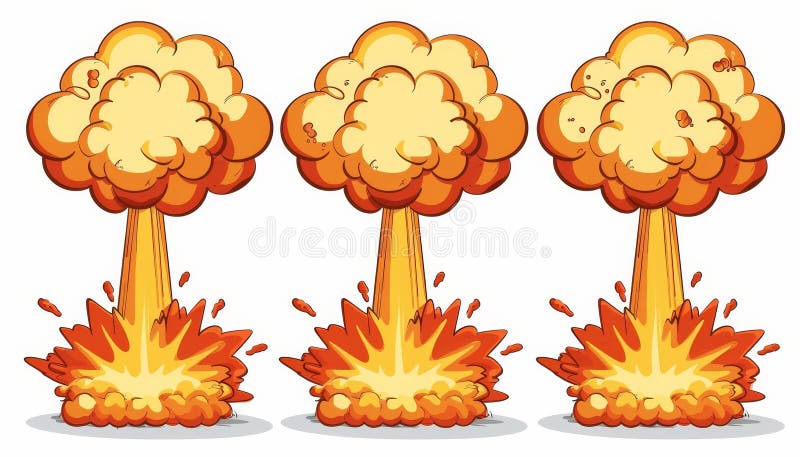 Three Stages of Cartoon Explosion with Orange Clouds of Smoke on White ...