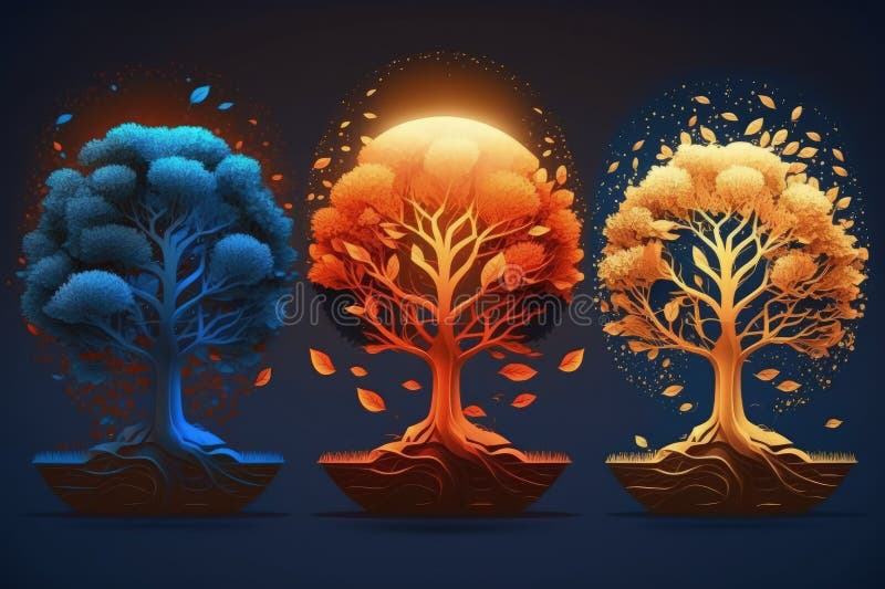 Three Stages of Tree Development in Nature, Illuminated by a Golden ...