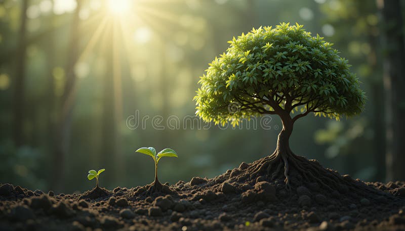 Three Stages of Tree Growth at Sunrise in a Forest Stock Illustration ...