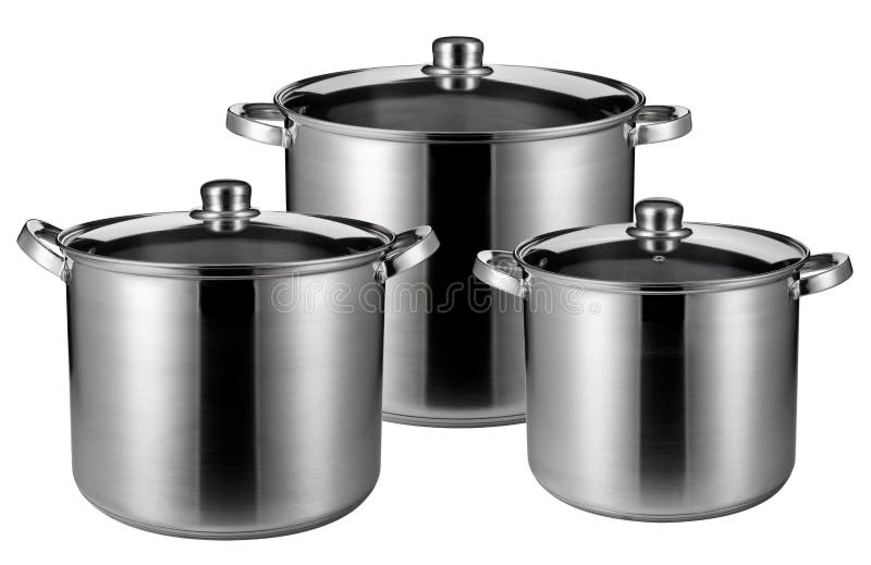 Three Stainless Steel Pots Isolated Stock Photo - Image of dish ...