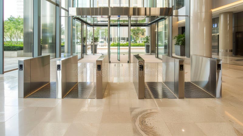 Three Stainless Steel Security Gates in a Modern Office Building ...