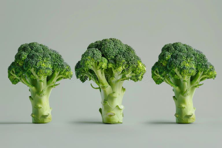 Three Stalks of Green Broccoli Arranged Side by Side on a Surface Stock ...