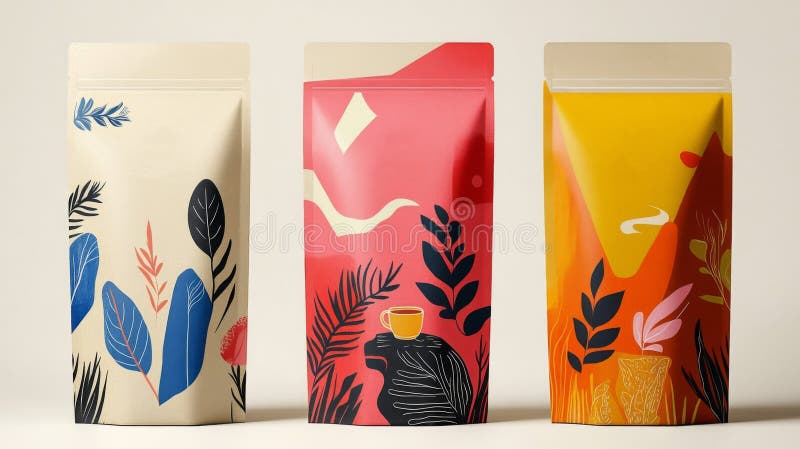 Three Stand-Up Pouches with Abstract Floral Designs Stock Illustration ...