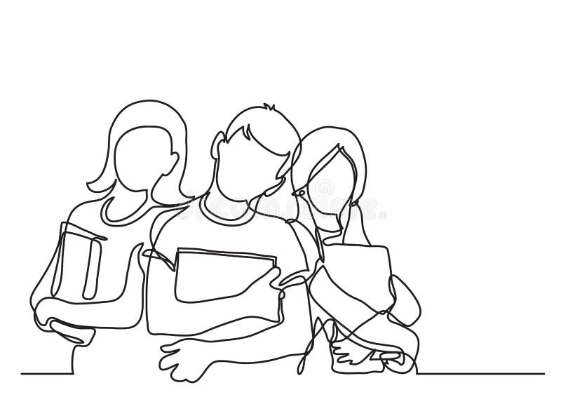 Three Standing School Kids with Books - Continuous Line Drawing Stock ...