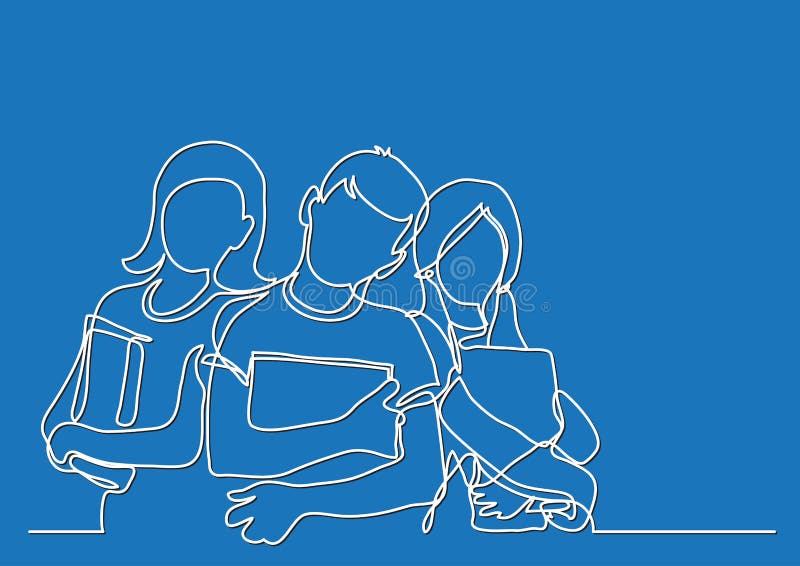 Three Standing School Kids With Books - Continuous Line Drawing Stock ...