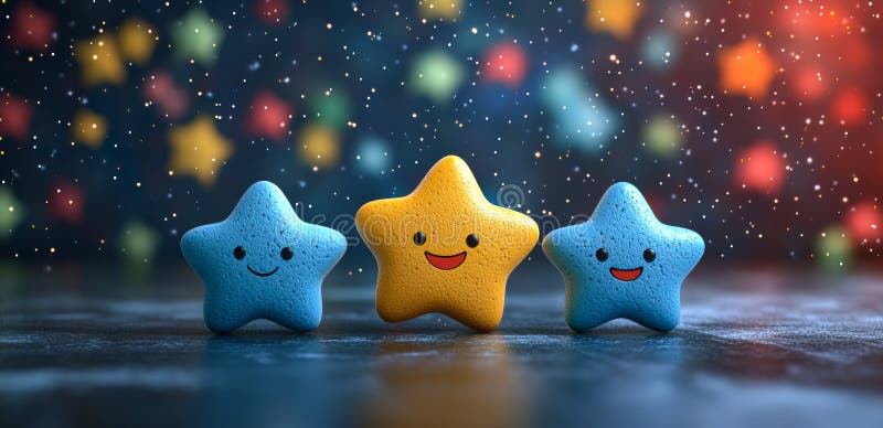 Three Stars with Smiling Faces are Sitting on a Blue Surface Stock ...