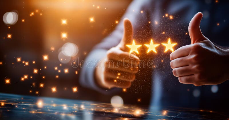 Three Stars and Thumbs Up Gesture Representing Positive Feedback and ...