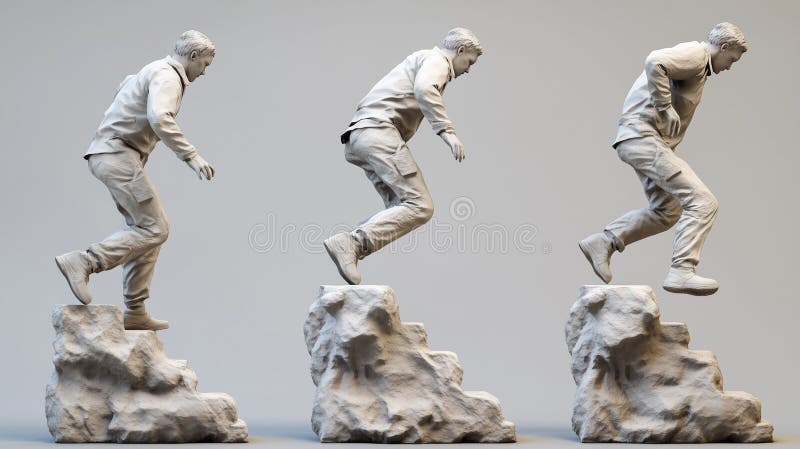 Three Statues Depicting a Man in Various Stages of Jumping Over Rocks ...