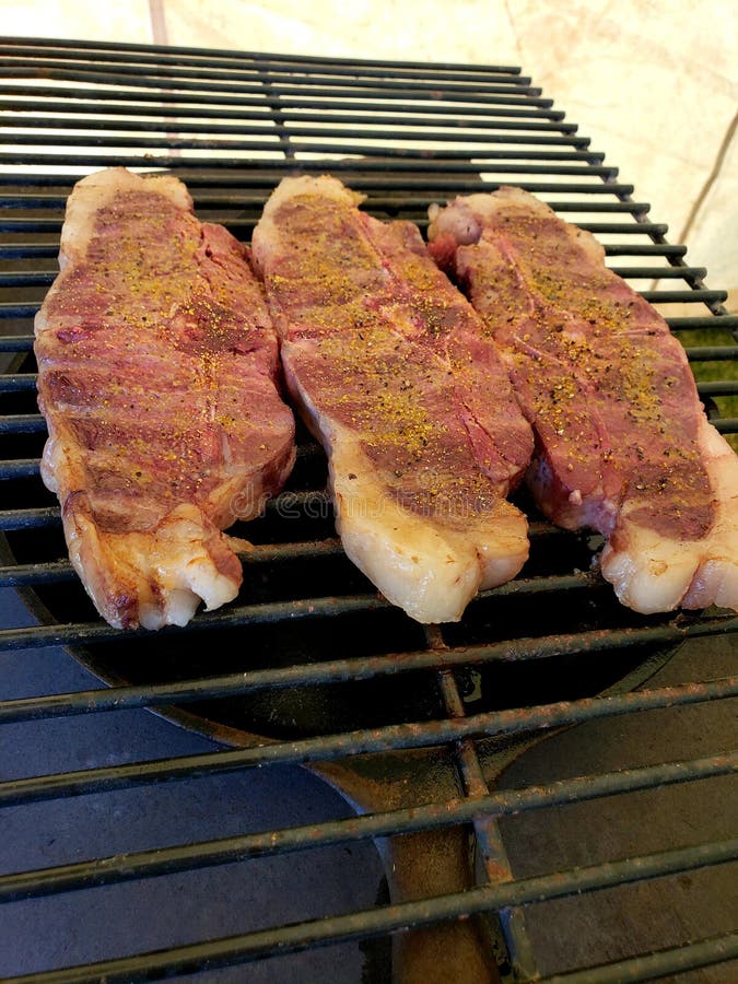 Three Steaks on a Camping Grill Stock Image - Image of grill, food ...