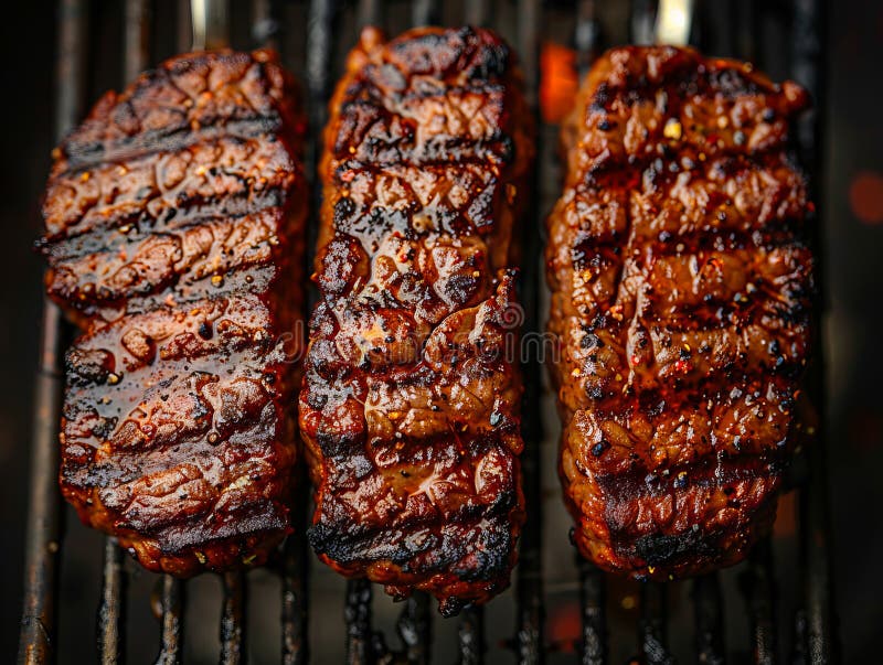 Three Steaks are Cooking on a Grill on a Black Background Stock Image ...