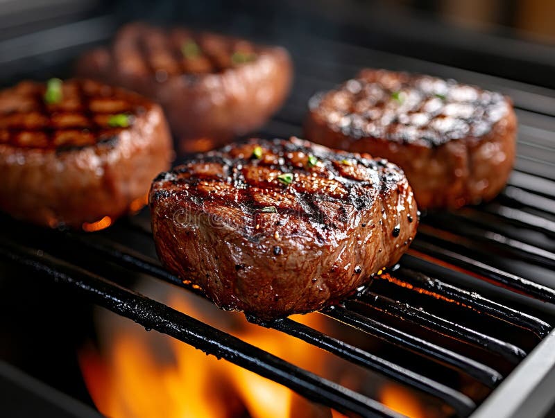 Three Steaks Cooking on a Grill with Flames in the Background Stock ...