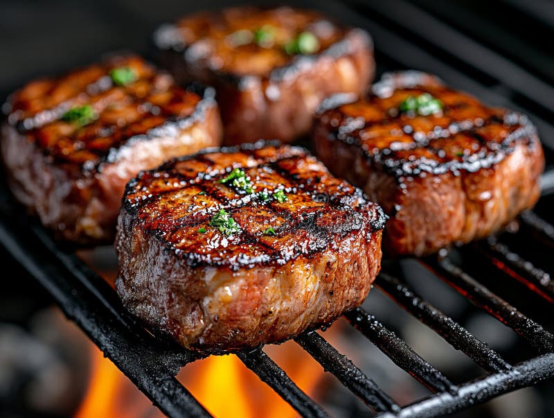 Three Steaks are Cooking on a Grill with Flames in the Background Stock ...