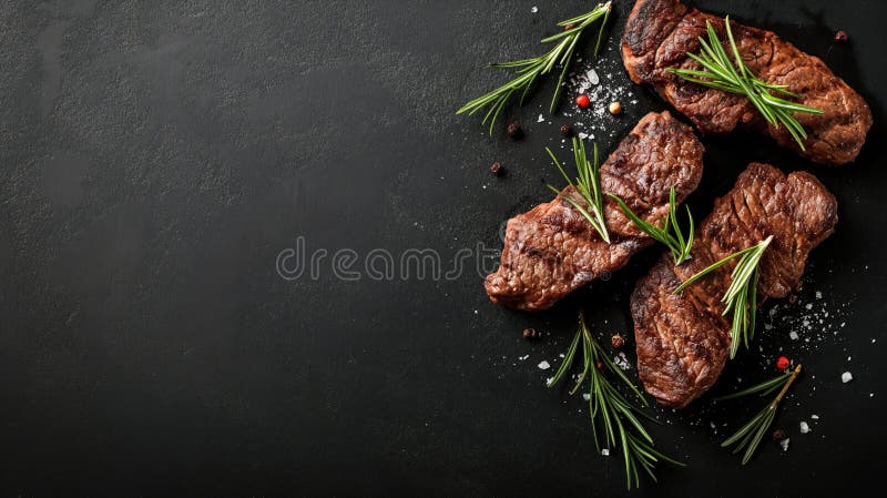 Three Steaks with Rosemary and Spices on a Dark Table. Copy Space. View ...