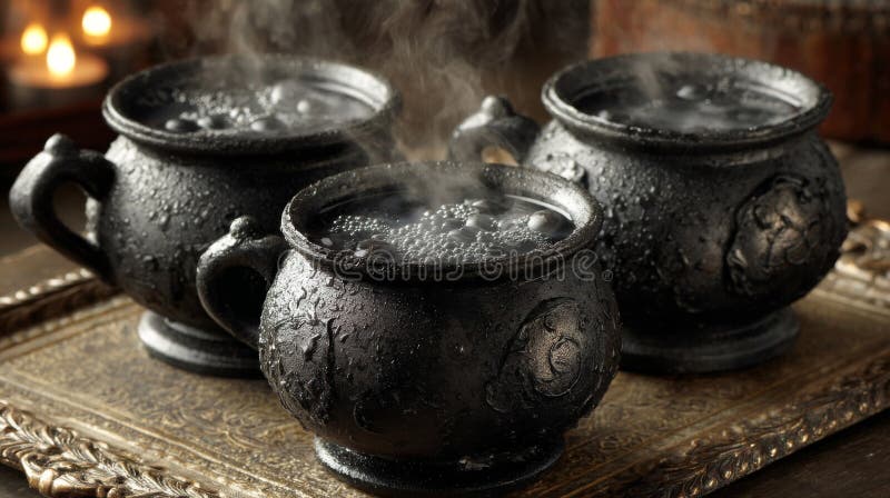 Three Steaming Black Cauldrons on Antique Tray Stock Illustration ...