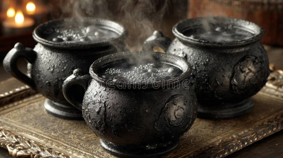 Three Steaming Black Cauldrons on Antique Tray Stock Illustration ...