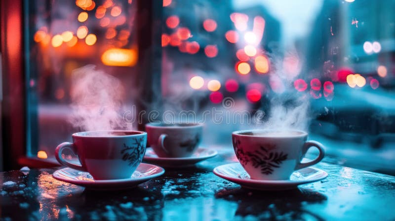 Three Steaming Cups of Coffee on a Windowsill at Night, with a Blurred ...