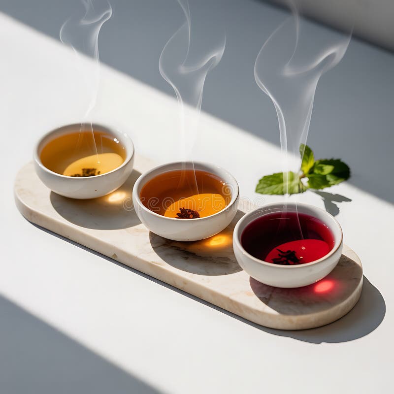 Three Steaming Tea Cups with Different Colored Teas Arranged on Marble ...