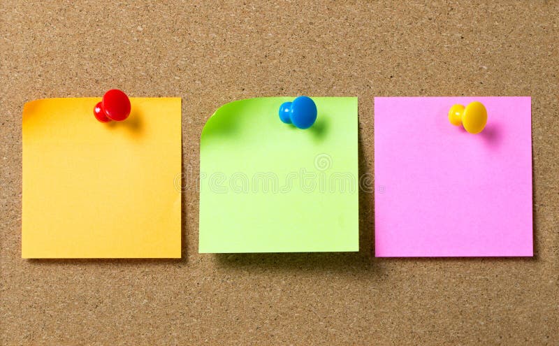 Three Sticky Notes Attached To Cork Board Stock Image - Image of tack ...