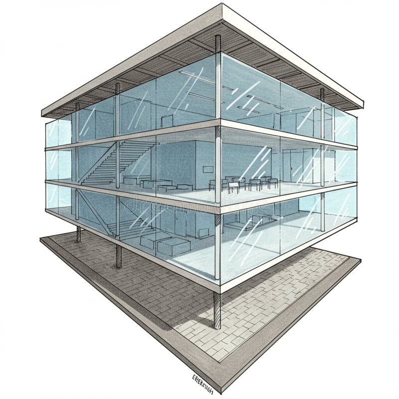 A Three-story Architectural Rendering of a Modern Building with Glass ...