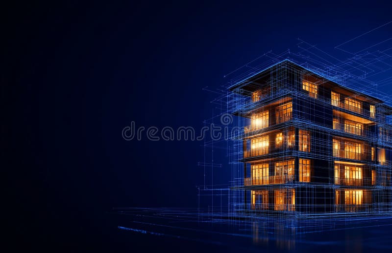 Three Story Building in Blueprint Style with Illuminated Windows ...