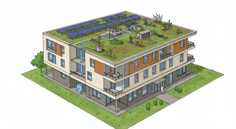 Three-story Rectangular Building with a Rooftop Featuring a Green Space ...