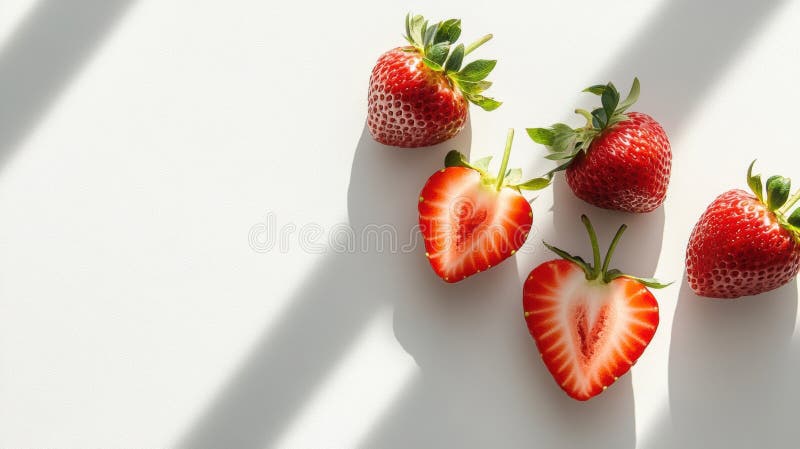 Three Strawberries Cast Shadows on a White Surface, Highlighting Their ...